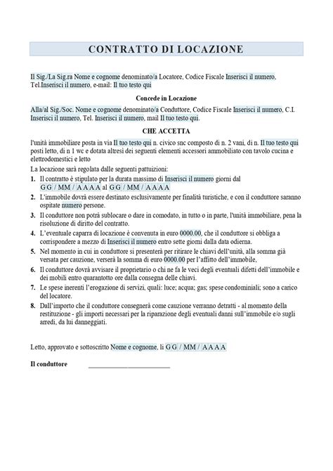 Contratto Di Locazione Turistica Modello