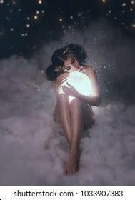 Attractive Naked Goddess Sits Clouds Hugs Stock Photo 1048870385