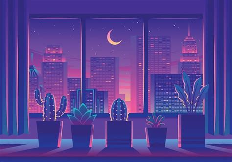 Premium Vector Cozy Room With City Landscape From Window Illustration