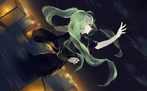 Green Haired Female Anime Character Kimono Stars Lights Night HD