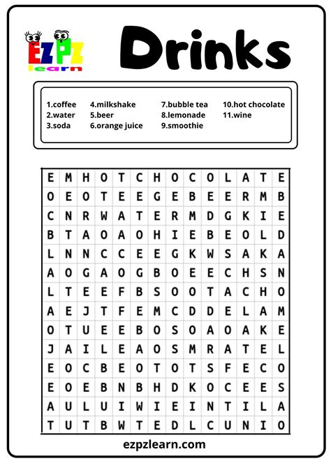 Drinks Word Search Ezpzlearn