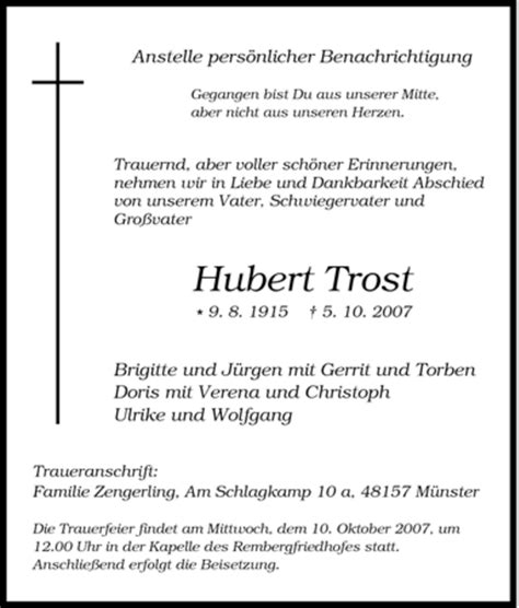 Traueranzeigen Von Hubert Trost Trauer In NRW De