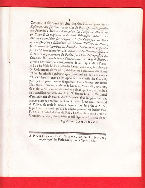 ARREST DU CONSEIL D ÉTAT DU ROI Qui supprime différens Imprimés