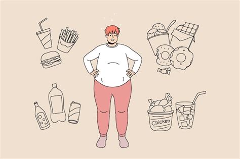 Hombre Gordo Feliz Rodeado De Productos De Comida Chatarra Vector Premium