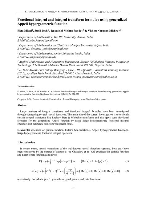 pdf fractional integral and integral transform formulae using generalized appell