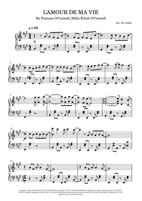 L Amour De Ma Vie Arr M Galka By Billie Eilish Sheet Music For