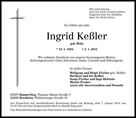 Traueranzeigen von Ingrid Keßler rz trauer de