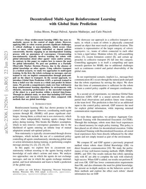 pdf decentralized multi agent reinforcement learning with global state prediction