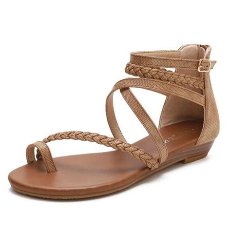 Sandales Femme Plates De Plage INSFITY Marron Bout Ouvert