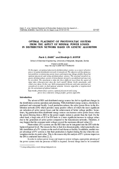 pdf optimal placement of photovoltaic systems from the aspect of minimal power losses in