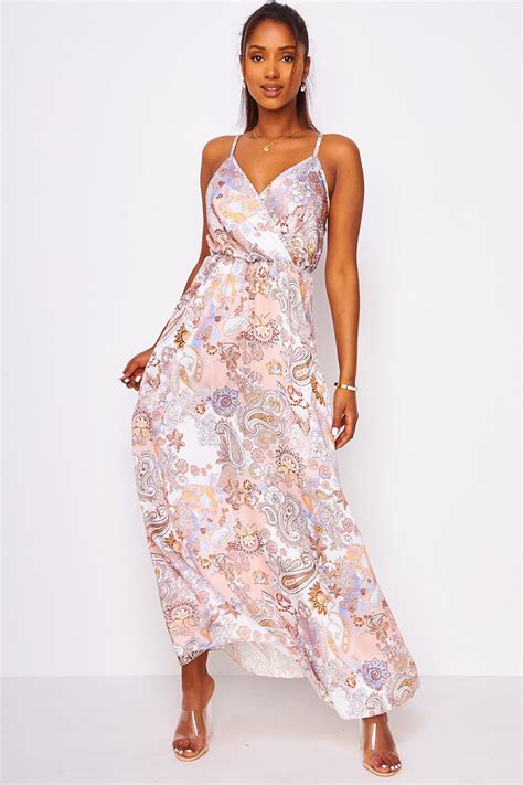 Robe longue satinée blanche imprimé fleuri beige foncé Brentiny Paris