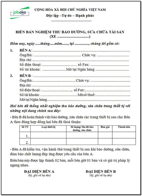 Mẫu Biên Bản Nghiệm Thu Sửa Chữa Xe Ô Tô Hướng Dẫn Và Quy Định Mới