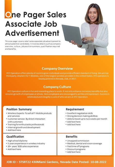 One Pager Sales Associate Job Advertisement PDF Document PPT Template