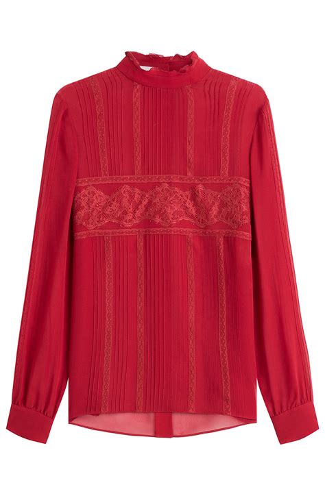 Lyst Valentino Silk Blouse With Lace Red In Red