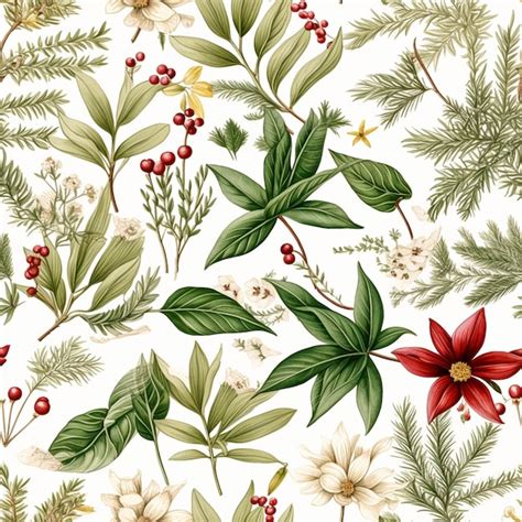 Premium AI Image Botanical Christmas Seamless Pattern With Florals