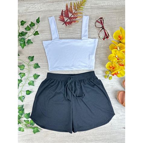 Conjunto Feminino Malha Canelada Cropped Short Moda Blogueira