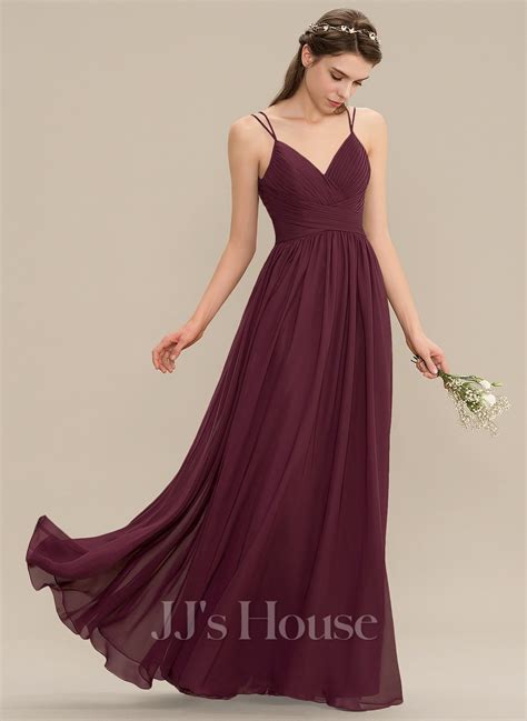 A Line V Neck Floor Length Chiffon Lace Prom Dresses With Ruffle