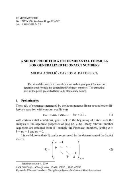 pdf a short proof for a determinantal formula for generalized fibonacci numbers
