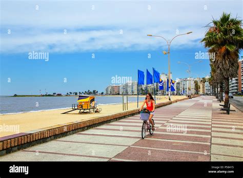 Woman Biking On The Boulevard Along Pocitos Beach In Montevideo