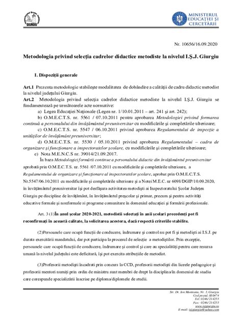 Fillable Online Metodologia Privind Selecia Cadrelor Didactice