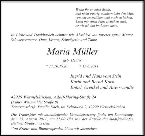 Alle Traueranzeigen für Maria Müller trauer rp online de