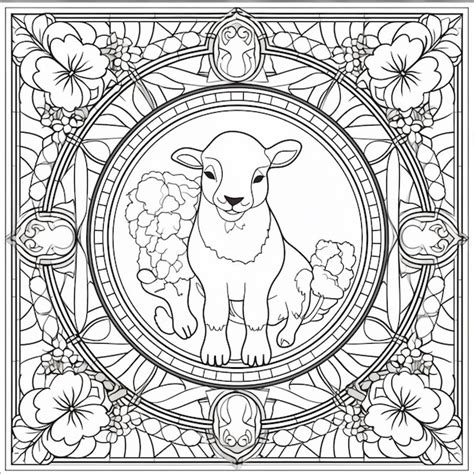 Una página para colorear con una oveja en un marco de vidrieras ai