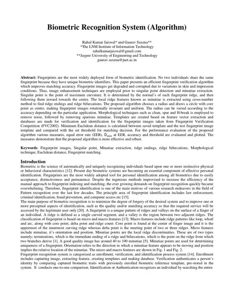 pdf biometric recognition system algorithm