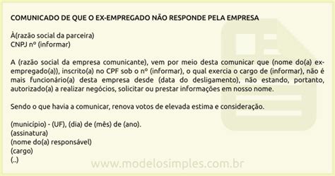 Modelo De Comunicado De Que O Ex Empregado N O Responde Pela Empresa
