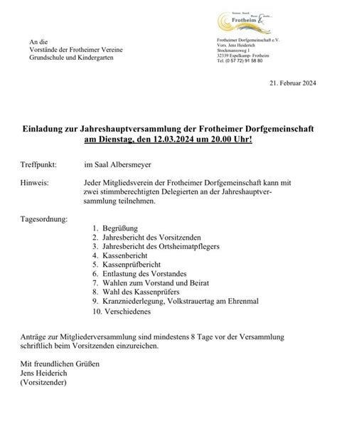Einladung Jahreshauptversammlung Willkommen In Frotheim