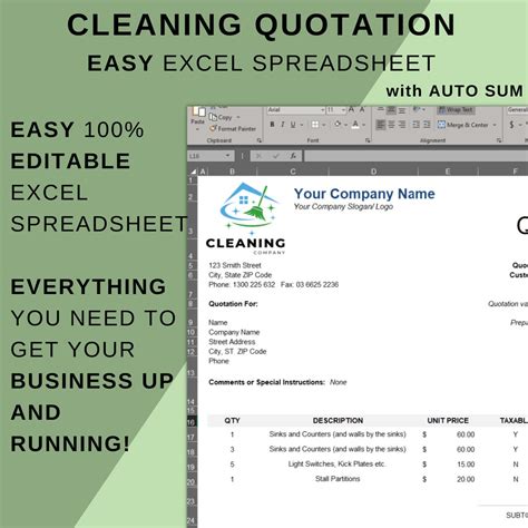 Cleaning Service Quotation Template With Auto Calculation Editable