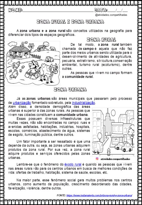 Zona Rural E Urbana Atividades Sobre Zona Rural E Urbana