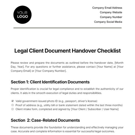 Free Legal Client Document Handover Checklist Template Edit Online