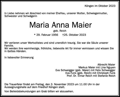 Traueranzeigen Von Maria Maier Schwaebische De Trauerportal