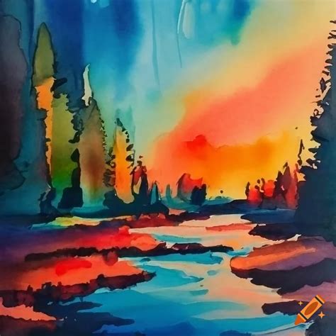 Watercolor Landscape Painting In Intense Colors