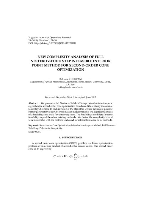 pdf new complexity analysis of a full nesterov todd step interior point method for