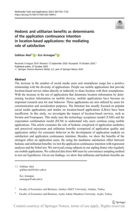 hedonic and utilitarian benefits as determinants of the application continuance intention in