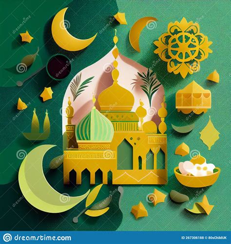 Ramadan Sundown Feast Green Yellow Crescent Moon Shape Eid Al Fitr