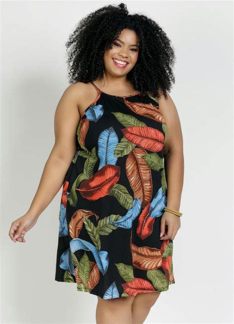 Vestido Curto Folhagem Preto Alças Plus Size Marguerite