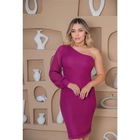 Vestido Midi Feminino Mula Manca Nula Manga Um Ombro Só Tricot Inverno