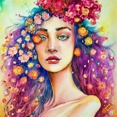 Illustration Of A Woman With Flowers In Her Hair On Craiyon