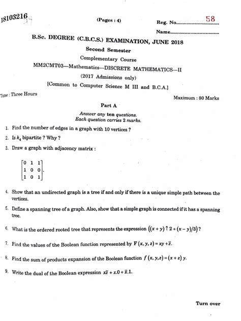 discrete mathematics ii exam solutions to problems on graph theory boolean algebra and matrix