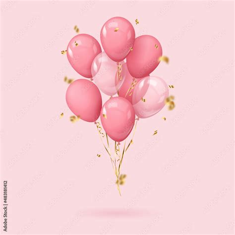 Bouquet Bunch Of Realistic Pink Balloons And Gold Ribbons Serpentine