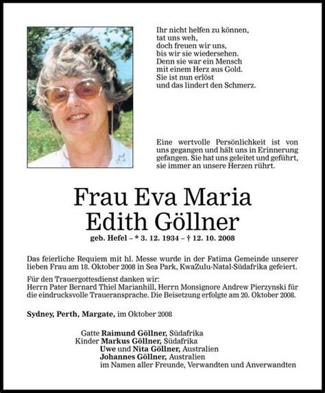 Todesanzeigen von Eva Maria Edith Göllner Todesanzeigen Vorarlberger