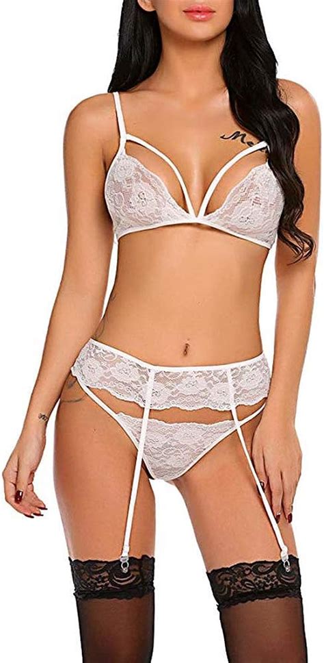 Conjunto De Lencería De Encaje Sexy Para Mujer Con Liguero De Liguero De Encaje Y Bragas De 4