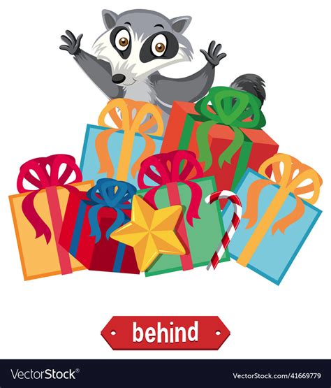 Preposition Wordcard With Raccoon Behind Boxes Vector Image