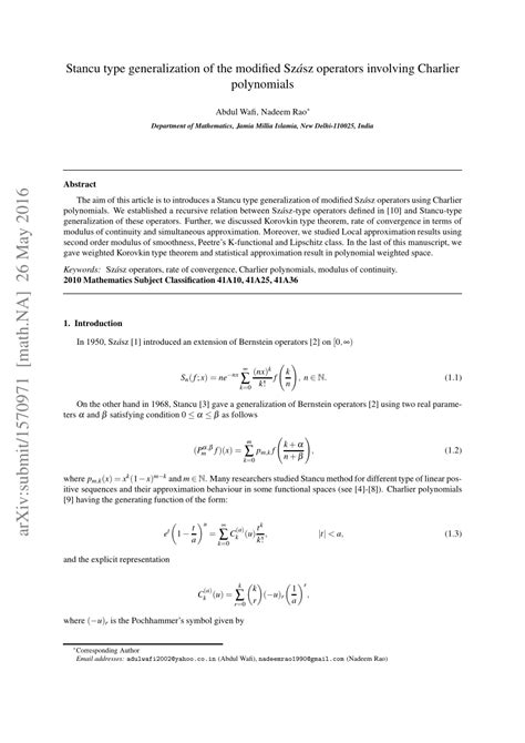 pdf modified szasz operators involving charlier ´ polynomials based on two parameters