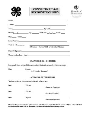 Fillable Online 4 H Uconn CONNECTICUT 4 H RECOGNITION FORM 4 H Uconn
