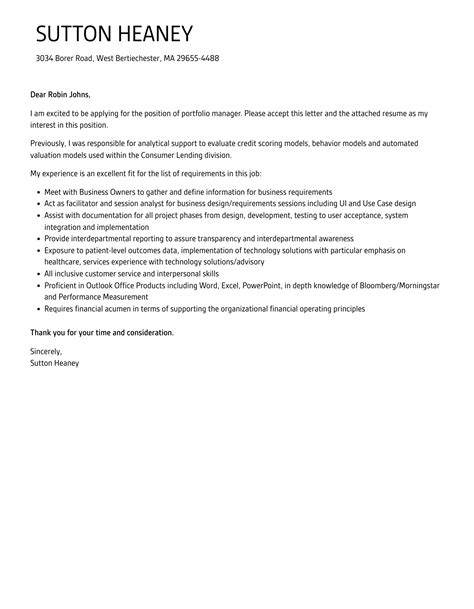 Portfolio Manager Cover Letter Velvet Jobs