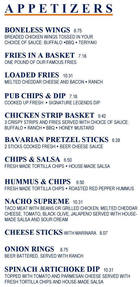 Food Menu Legends Bar And Grill