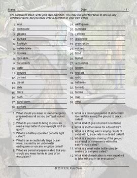 Natural Disasters Emergency Preparedness Definitions Worksheet TPT